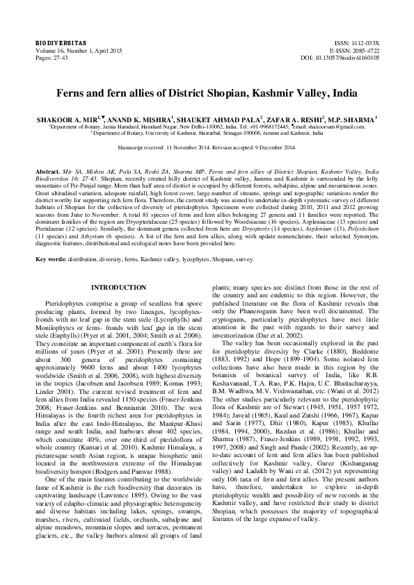 (PDF) Ferns and fern allies of District Shopian, Kashmir Valley, India