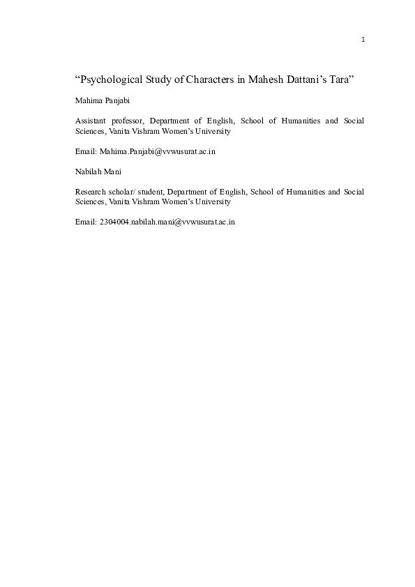 (DOC) "Psychological Study of Characters in Mahesh Dattani's Tara"