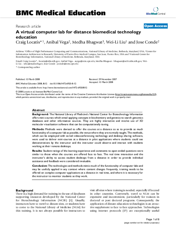 (PDF) A virtual computer lab for distance biomedical technology education