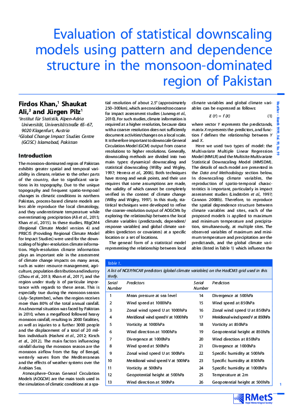 Pdf Evaluation Of Statistical Downscaling Models Using Pattern And Dependence Structure In The