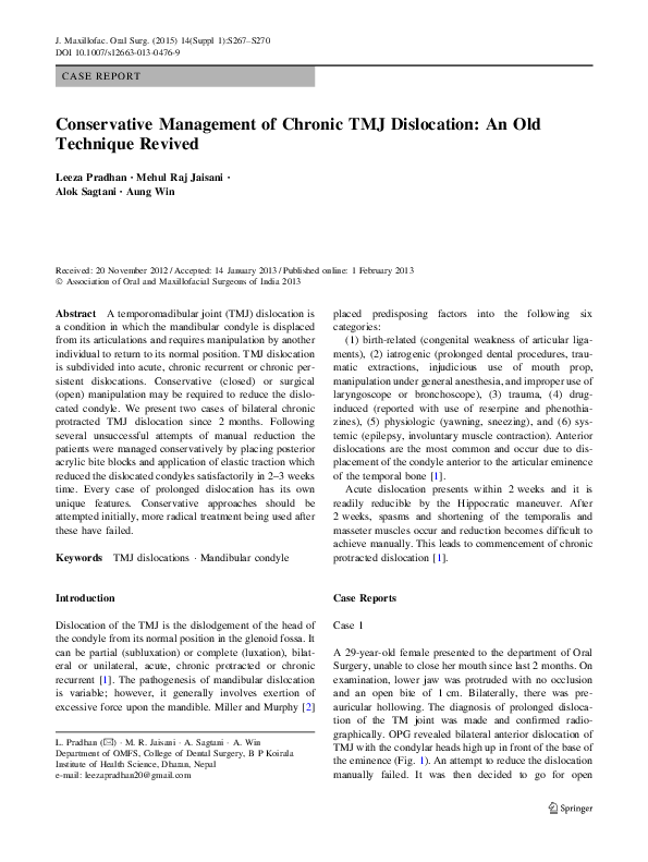 (PDF) Conservative Management of Chronic TMJ Dislocation: An Old ...