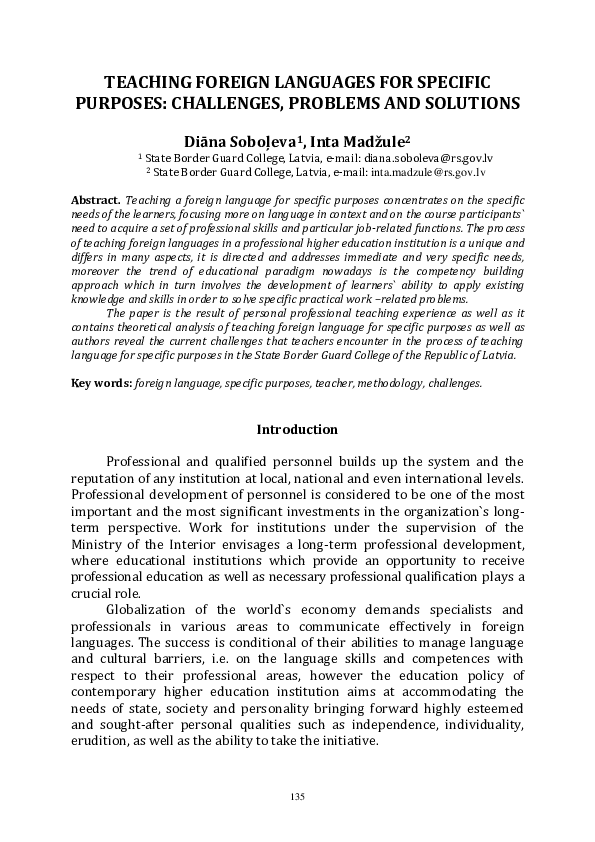 (PDF) Teaching Foreign Languages for Specific Purposes: Challenges, Problems and Solutions