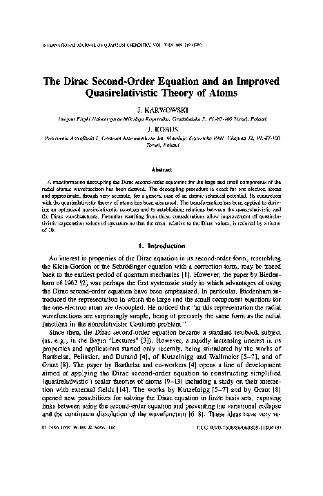 Pdf The Dirac Second Order Equation And An Improved Quasirelativistic Theory Of Atoms