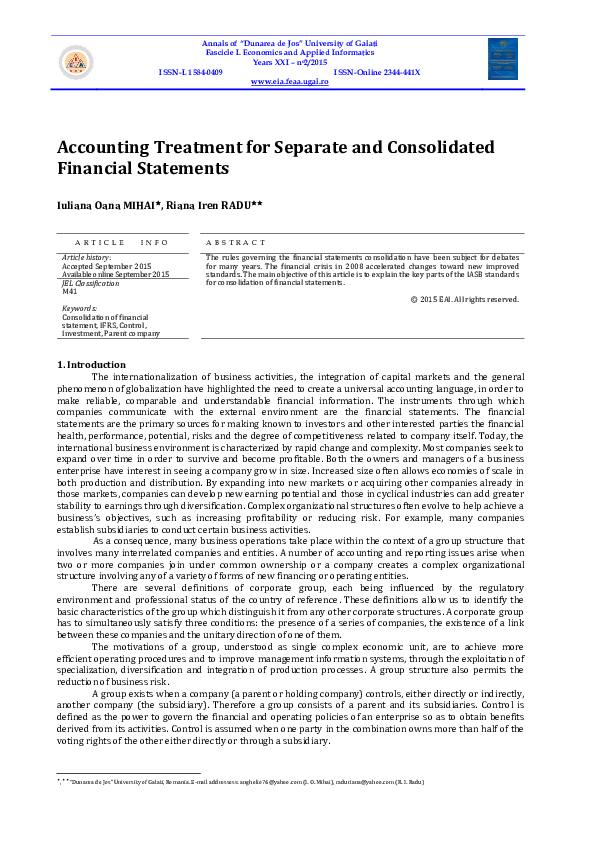 (PDF) Accounting Treatment for Separate and Consolidated Financial ...