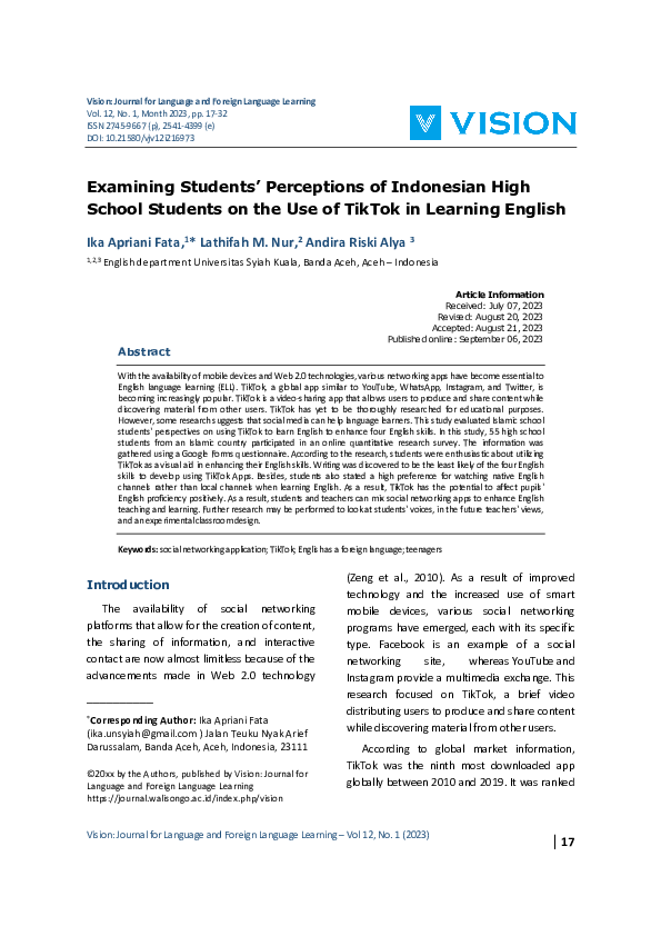 (PDF) Examining Students’ Perceptions of Indonesian High School Students on the Use of TikTok in ...