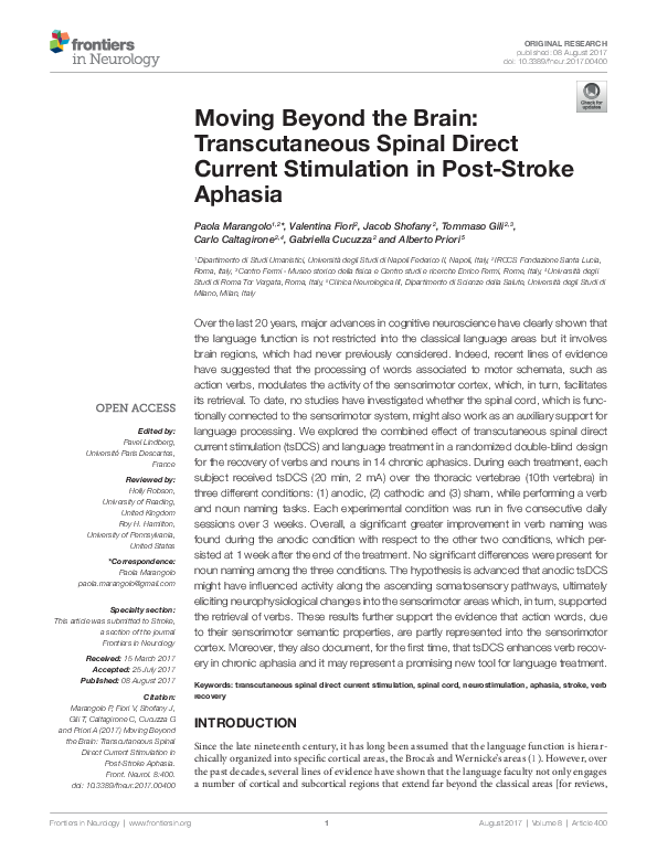 (PDF) Moving Beyond the Brain: Transcutaneous Spinal Direct Current Stimulation in Post-Stroke ...