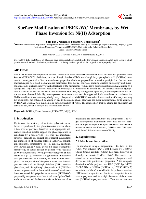 (PDF) Surface Modification of PEEK-WC Membranes by Wet Phase Inversion for Ni(II) Adsorption ...