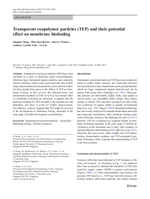(PDF) Transparent exopolymer particles (TEP) and their potential effect ...