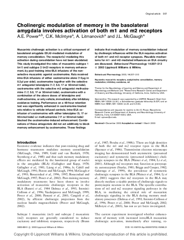 (PDF) Cholinergic modulation of memory in the basolateral amygdala ...