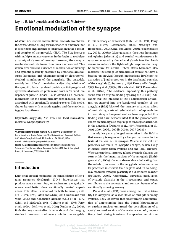(PDF) Emotional modulation of the synapse