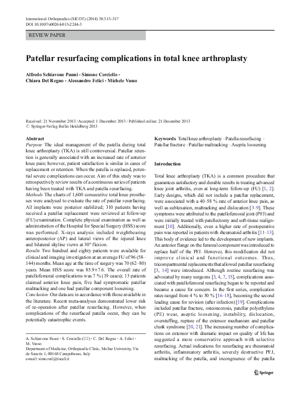 (PDF) Patellar resurfacing complications in total knee arthroplasty