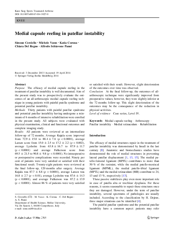 (PDF) Medial capsule reefing in patellar instability | Simone Cerciello ...