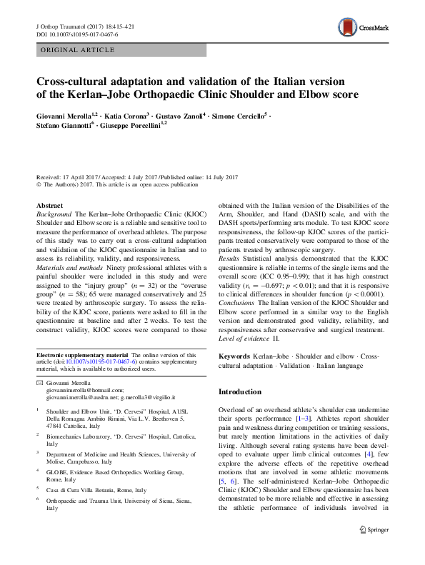 Pdf Cross Cultural Adaptation And Validation Of The Italian Version Of The Kerlan Jobe
