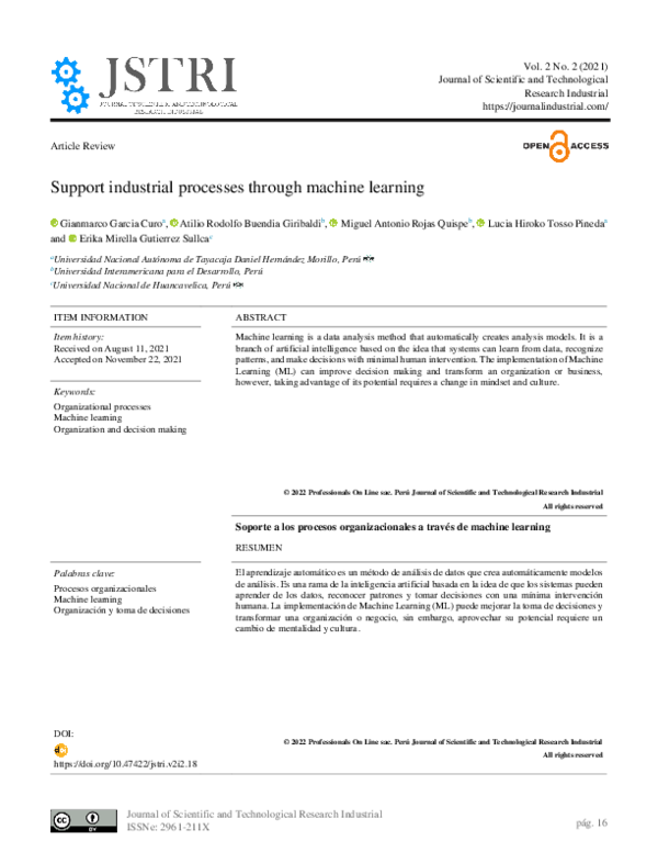 (PDF) Support industrial processes through machine learning