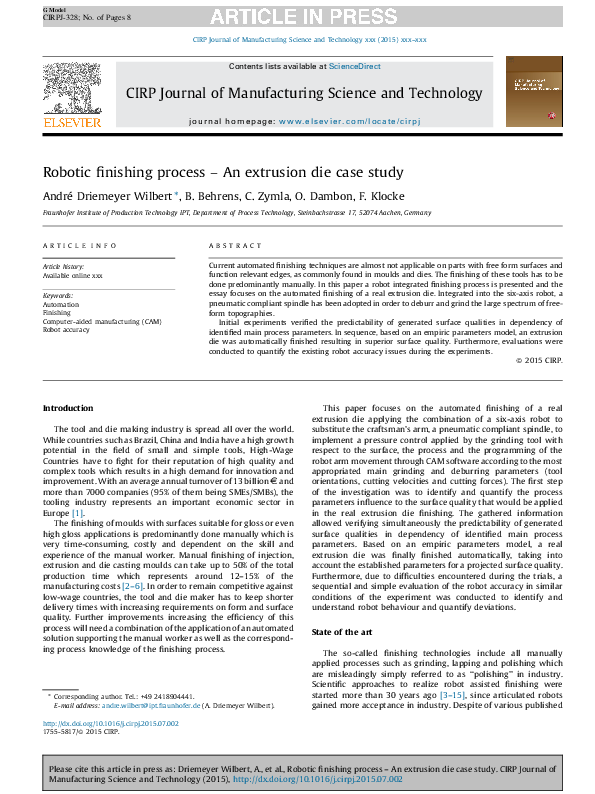 (PDF) Robotic finishing process – An extrusion die case study