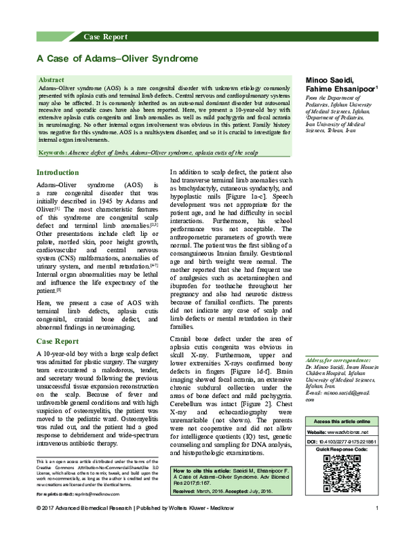 (PDF) A Case of Adams–Oliver Syndrome