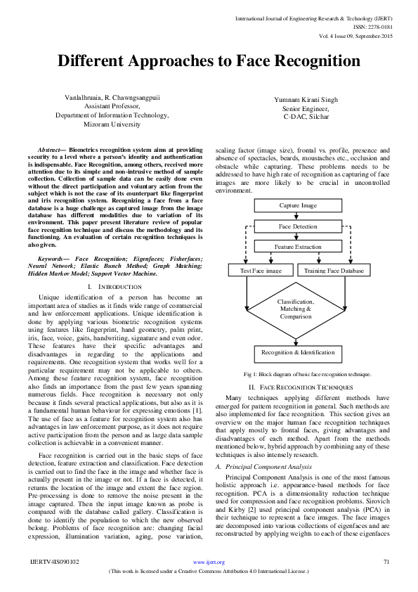 (PDF) Different Approaches to Face Recognition | Sangpuii Khiangte - Academia.edu