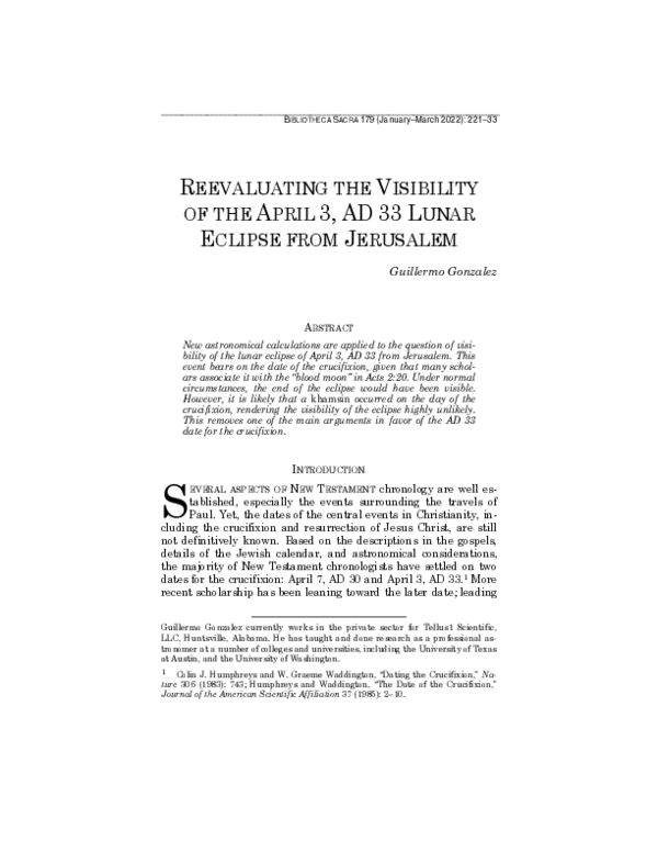 (PDF) REEVALUATING THE VISIBILITY OF THE APRIL 3, AD 33 LUNAR ECLIPSE ...
