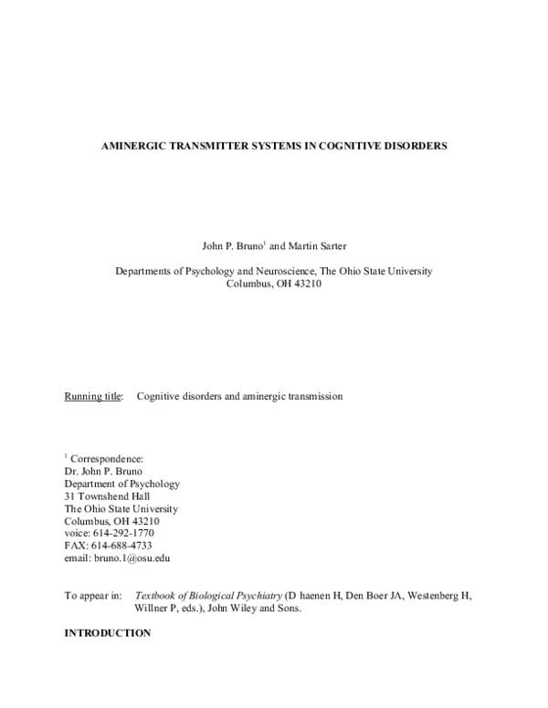 (PDF) Aminergic Transmitter Systems in Cognitive Disorders