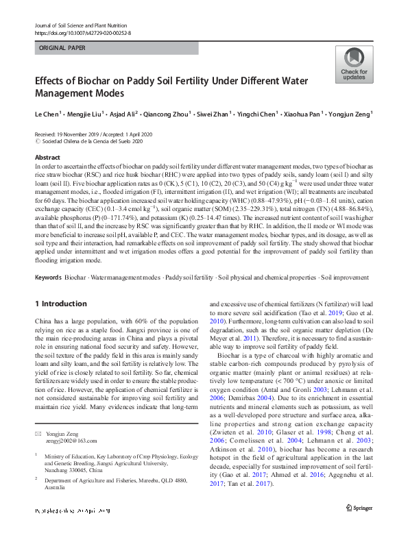 (PDF) Effects of Biochar on Paddy Soil Fertility Under Different Water ...