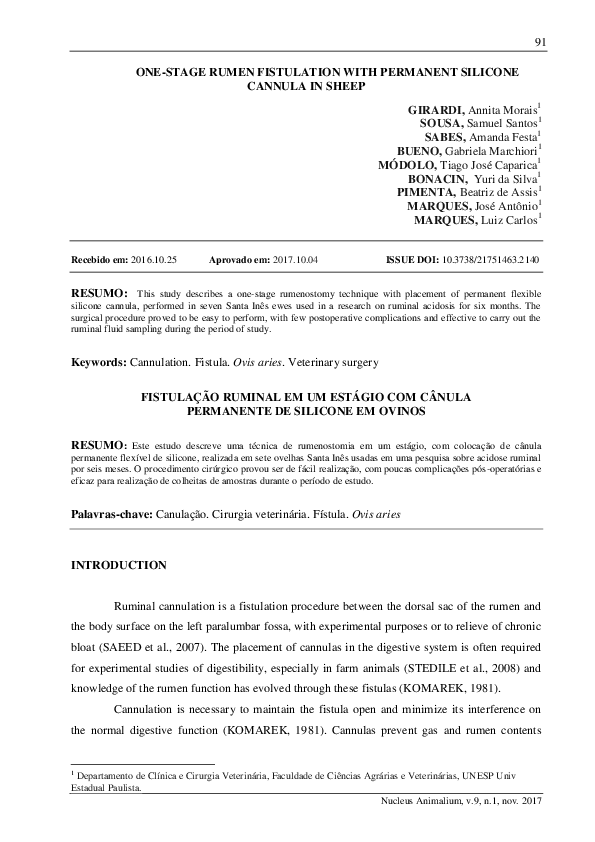 (PDF) One-Stage Rumen Fistulation with Permanent Silicone Cannula in Sheep