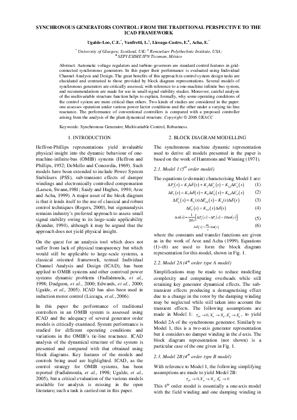 (PDF) Synchronous generator control: from the traditional perspective to the ICAD framework
