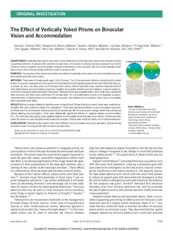 (PDF) The Effect of Vertically Yoked Prisms on Binocular Vision and ...