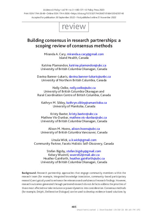 (PDF) Building consensus in research partnerships: a scoping review of consensus methods