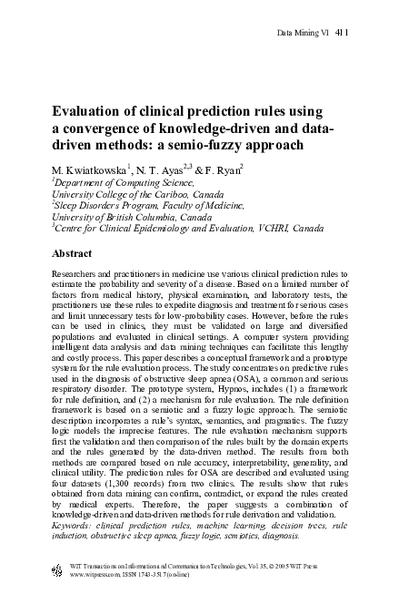 (PDF) Evaluation Of Clinical Prediction Rules UsingA Convergence Of Knowledge-driven And ...
