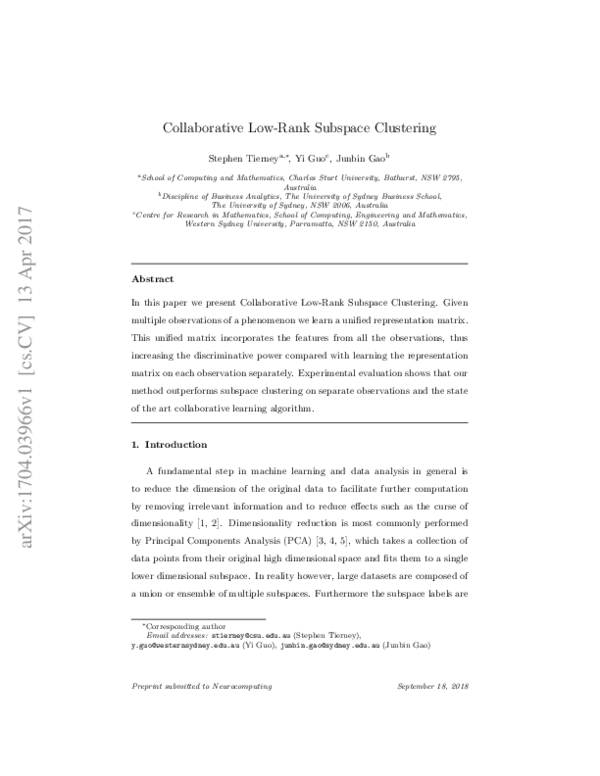 Pdf Collaborative Low Rank Subspace Clustering Junbin Gao