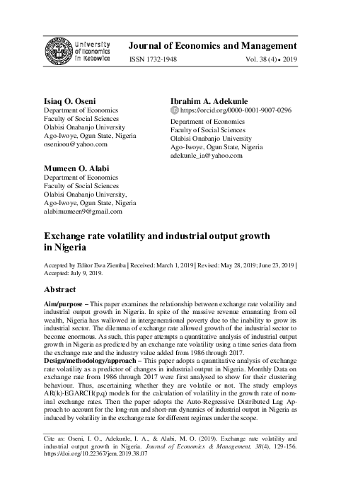 (PDF) Exchange rate volatility and industrial output growth in Nigeria