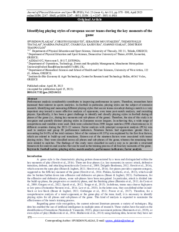 (PDF) Identifying playing styles of european soccer teams during the ...