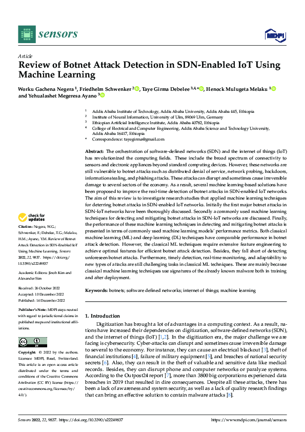 Pdf Review Of Botnet Attack Detection In Sdn Enabled Iot Using Machine Learning