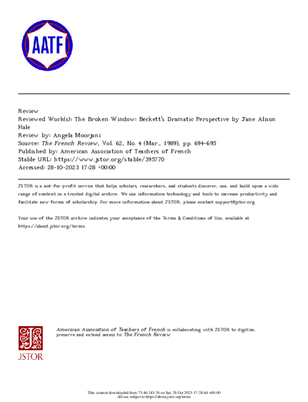 (PDF) The Broken Window: Beckett's Dramatic Perspective Review by ...