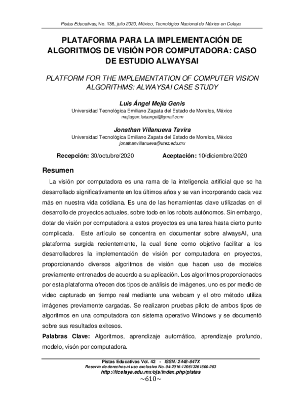 (PDF) Plataforma Para La Implementación De Algoritmos De Visión Por Computadora: Caso De Estudio ...