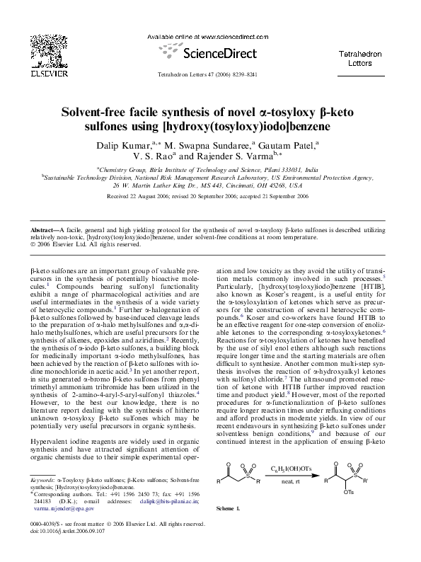 (PDF) Solvent-free facile synthesis of novel α-tosyloxy β-keto sulfones ...