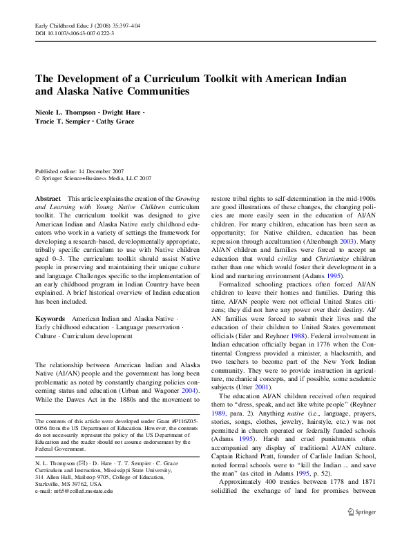 (PDF) The Development of a Curriculum Toolkit with American Indian and ...