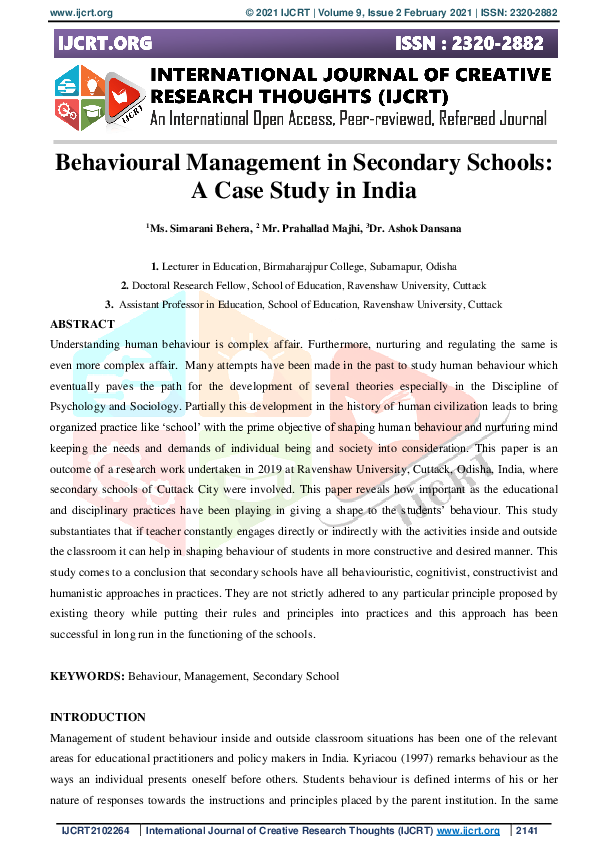 (PDF) Behavioural Management in Secondary Schools: A Case Study in India