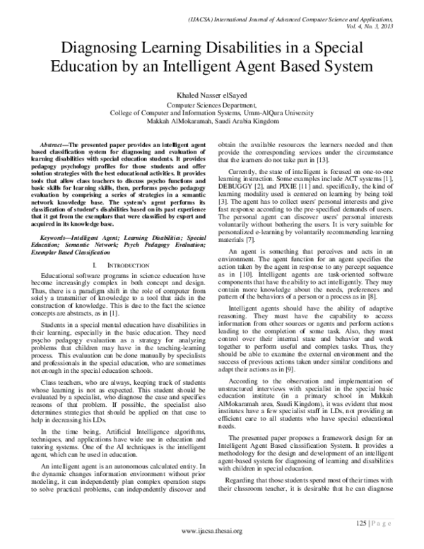 (PDF) Diagnosing learning disabilities in a special education by an intelligent agent based system