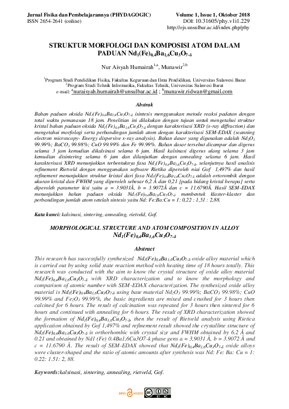(PDF) STRUKTUR MORFOLOGI DAN KOMPOSISI ATOM DALAM PADUAN Nd1(Fe)0,4Ba1,6Cu3O7-δ