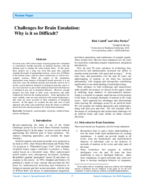 (PDF) Challenges for Brain Emulation: Why is it so Difficult?
