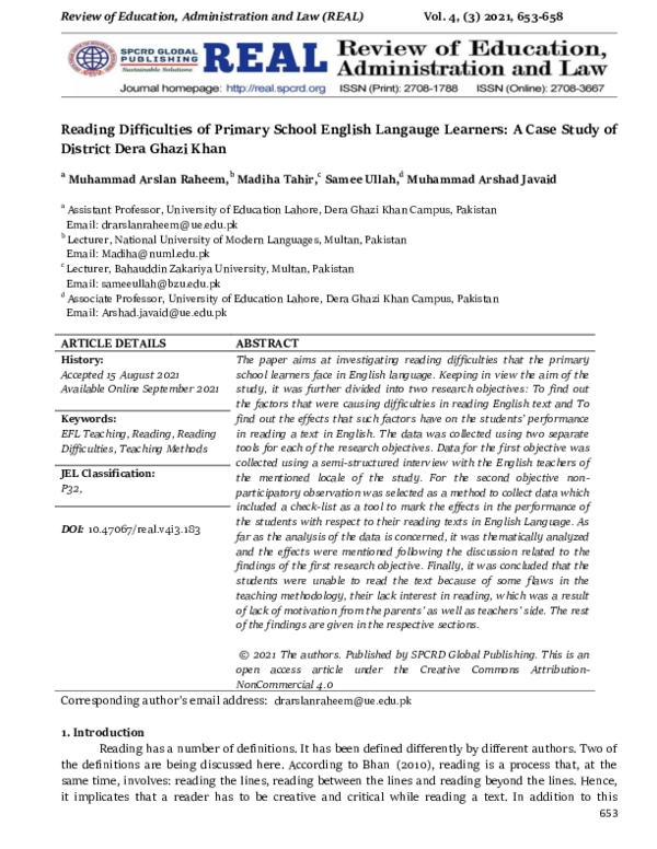 (PDF) Reading Difficulties of Primary School English Langauge Learners ...
