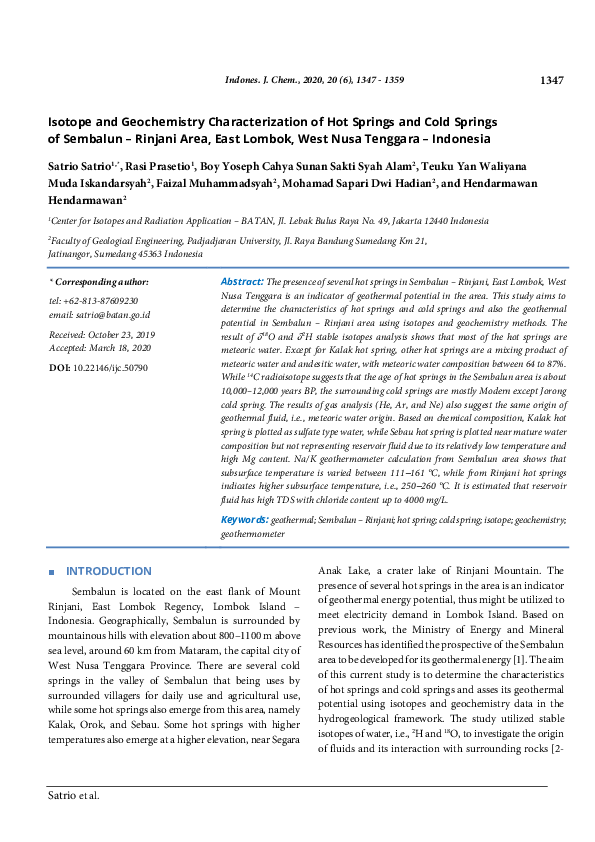 Pdf Isotope And Geochemistry Characterization Of Hot Springs And Cold Springs Of Sembalun