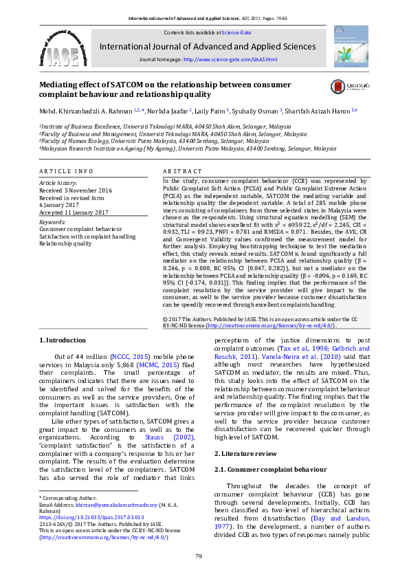 (PDF) Mediating effect of SATCOM on the relationship between consumer complaint behaviour and ...