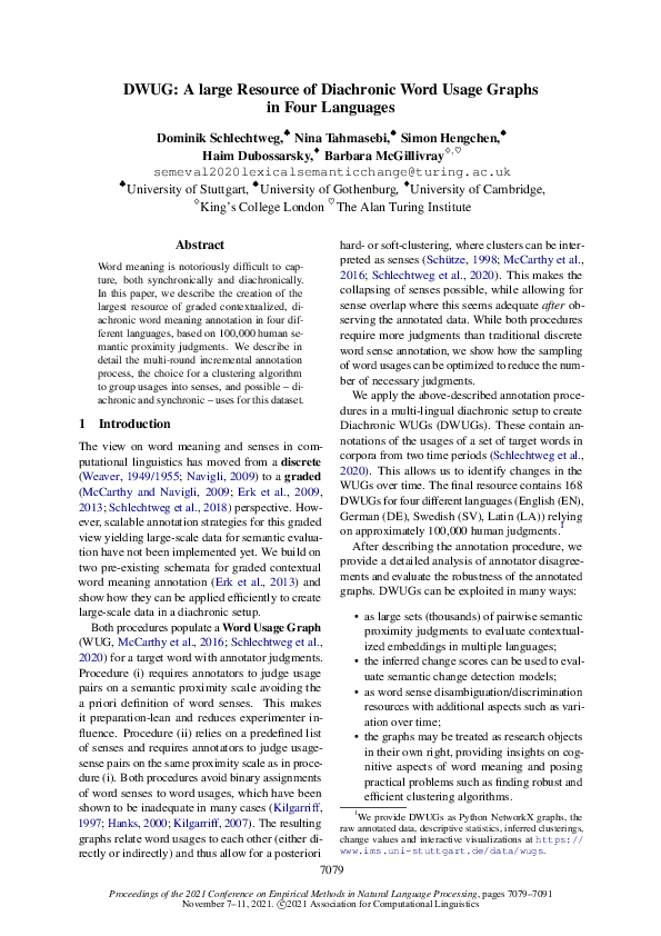 (PDF) DWUG: A large Resource of Diachronic Word Usage Graphs in Four Languages
