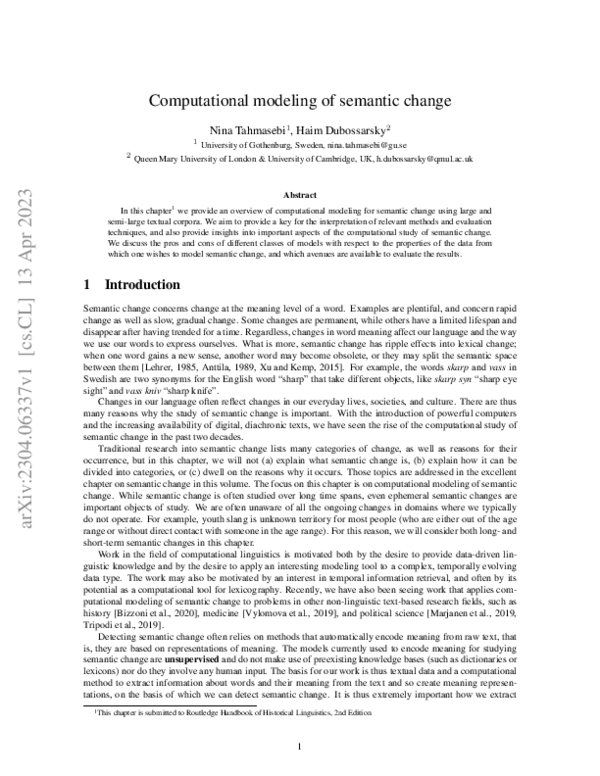 (PDF) Computational modeling of semantic change