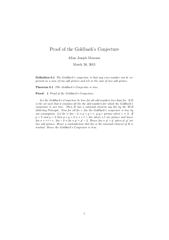 (PDF) Proof of the Goldbach's Conjecture