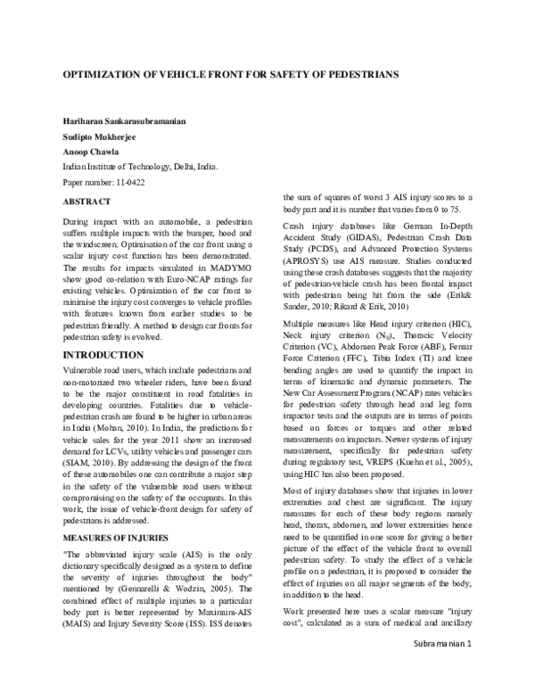 (PDF) Optimization of vehicle front for safety of pedestrians
