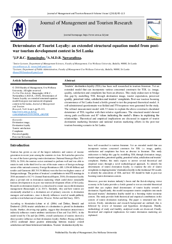 Pdf Determinates Of Tourist Loyalty An Extended Structural Equation Model From Postwar