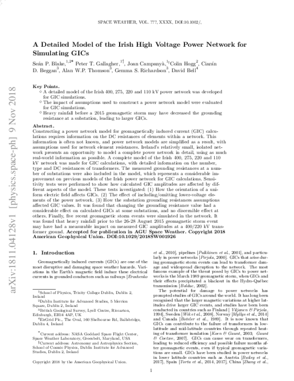 (PDF) A Detailed Model of the Irish High Voltage Power Network for Simulating GICs
